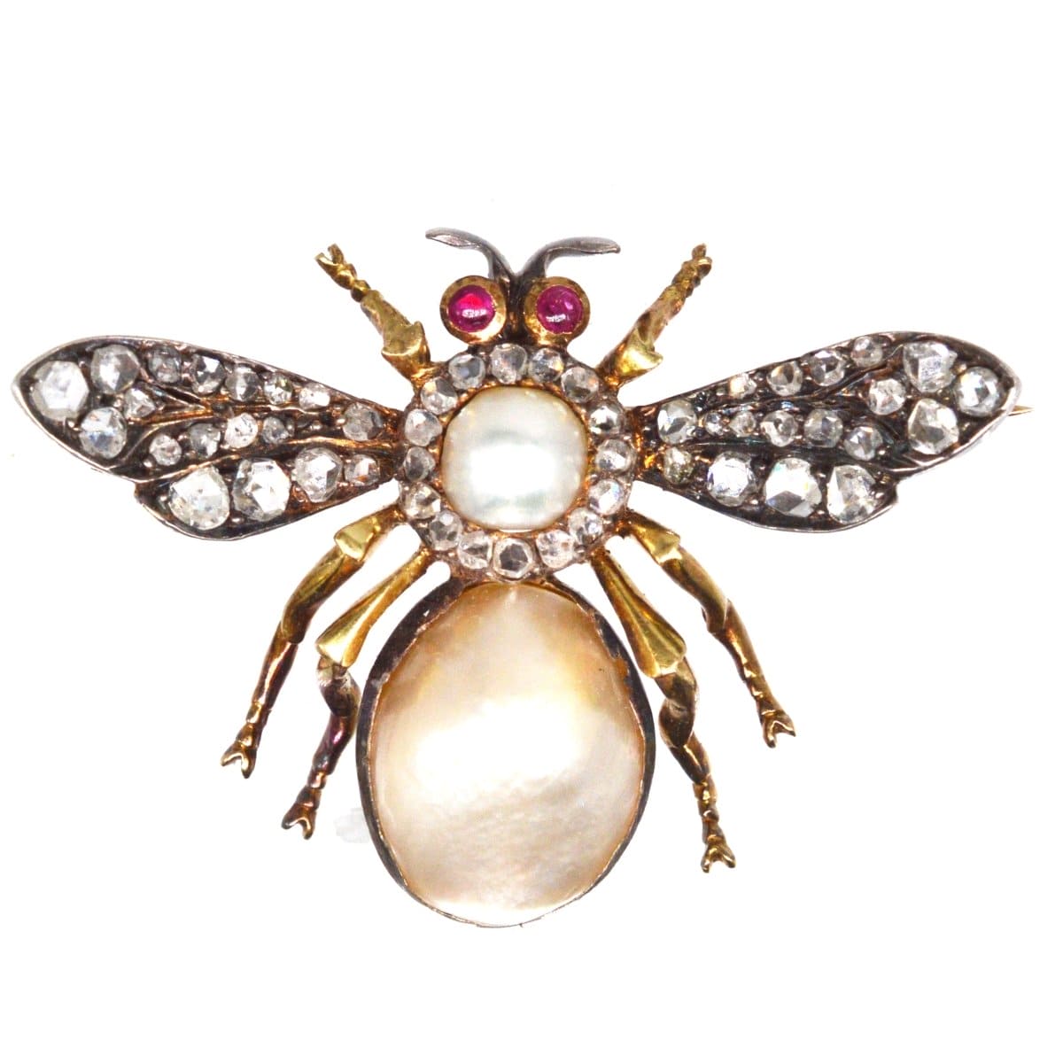 Victorian Rose Cut Diamond and Pearl Bee / Insect Brooch