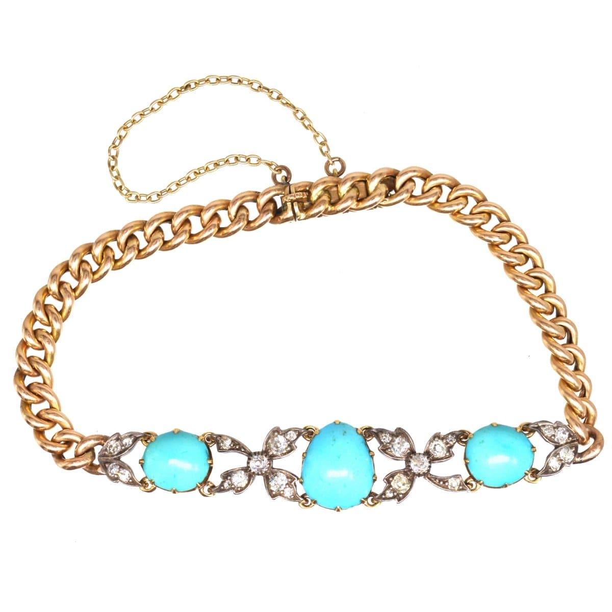 Victorian 15ct Gold and Silver Turquoise and Diamond Curb Bracelet